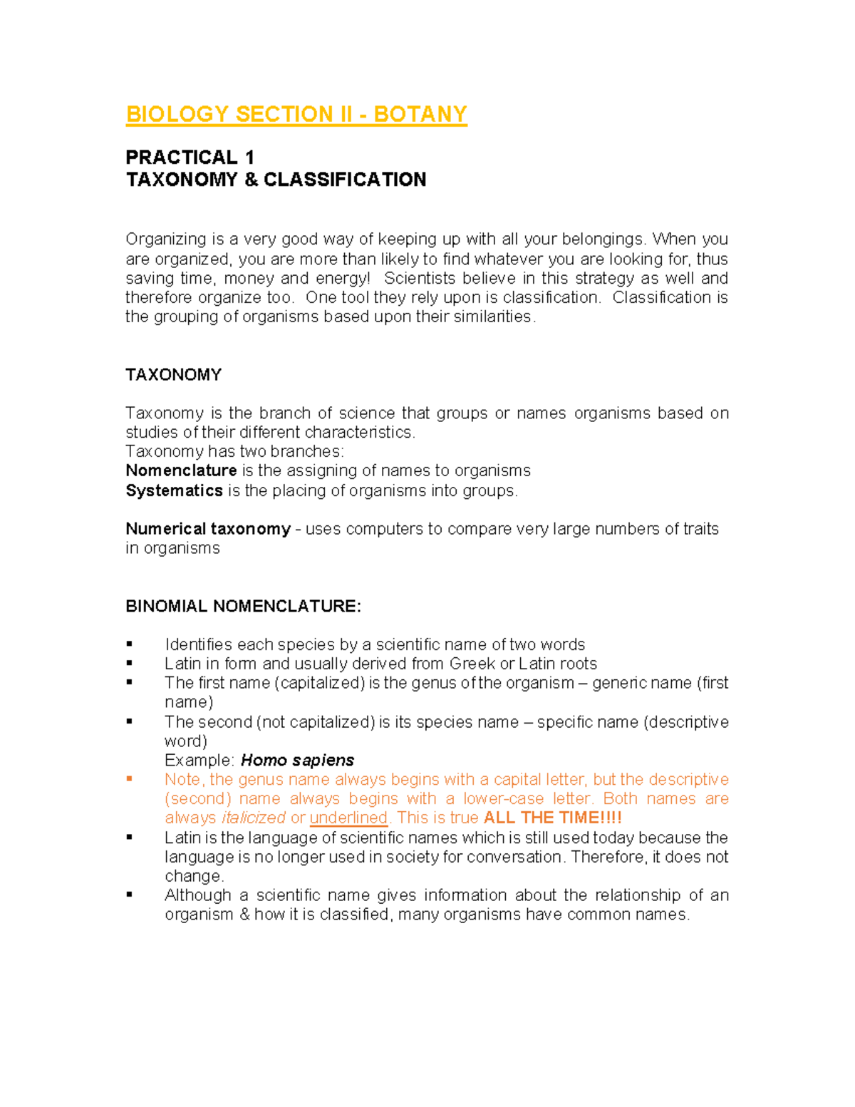 Taxonomy and classification - BIOLOGY SECTION II - BOTANY PRACTICAL 1 ...