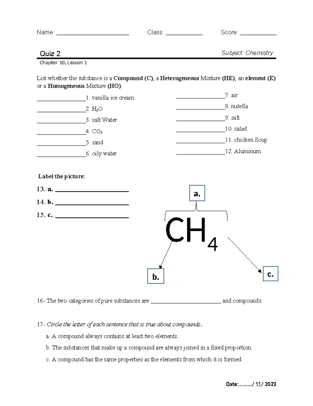 Classifying Matter Drop Quiz 23-24 - Name: Class: Score: Quiz 2 Subject ...