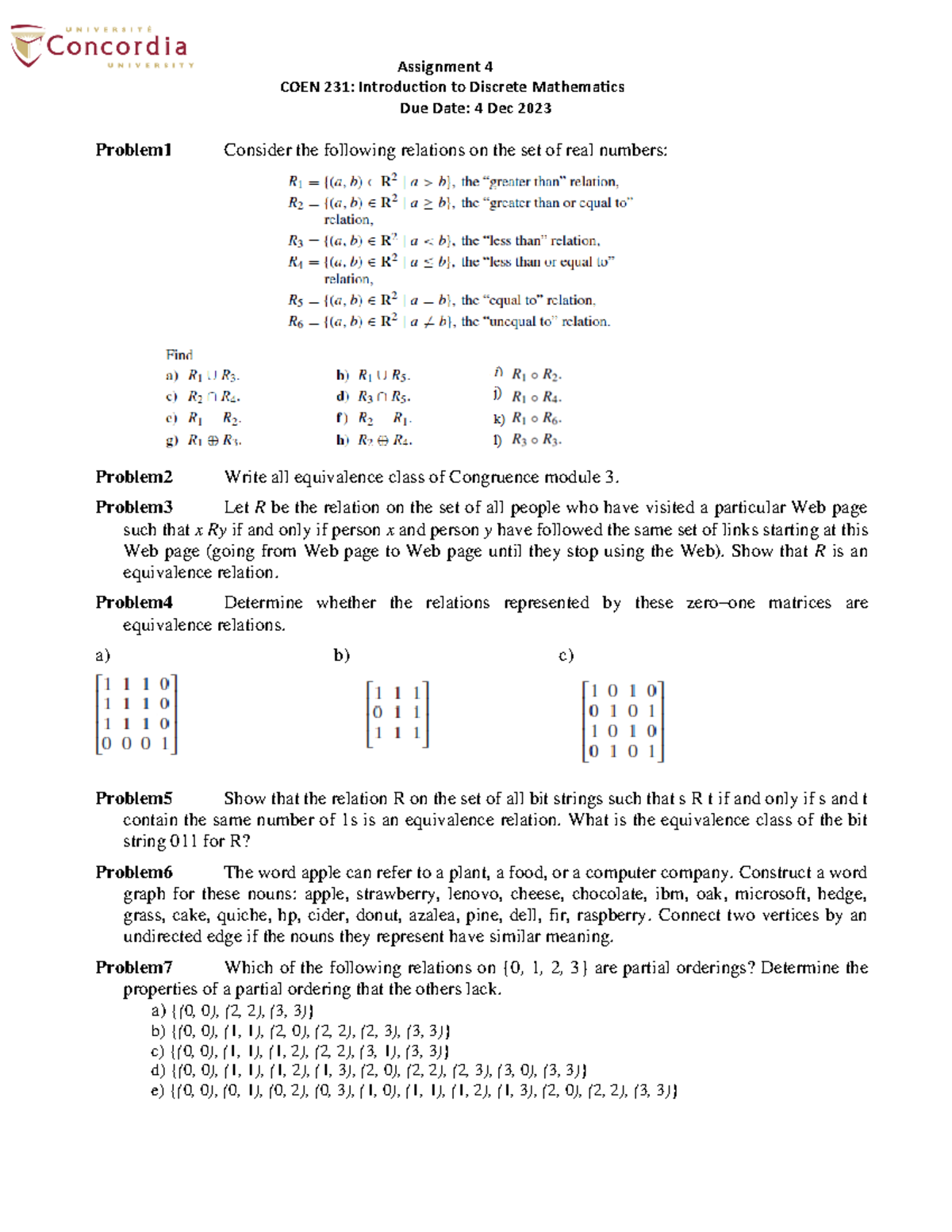 Assignment 4-2023-fall-Rev1 - Assignment 4 COEN 231: Introduction to Discrete Mathematics Due ...