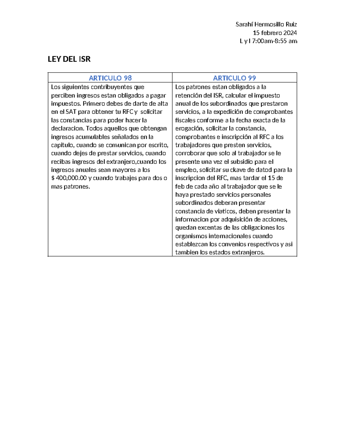 LISR 98 Y 99 - Sarahí Hermosillo Ruiz 15 febrero 2024 L y I 7:00am-8:55 ...