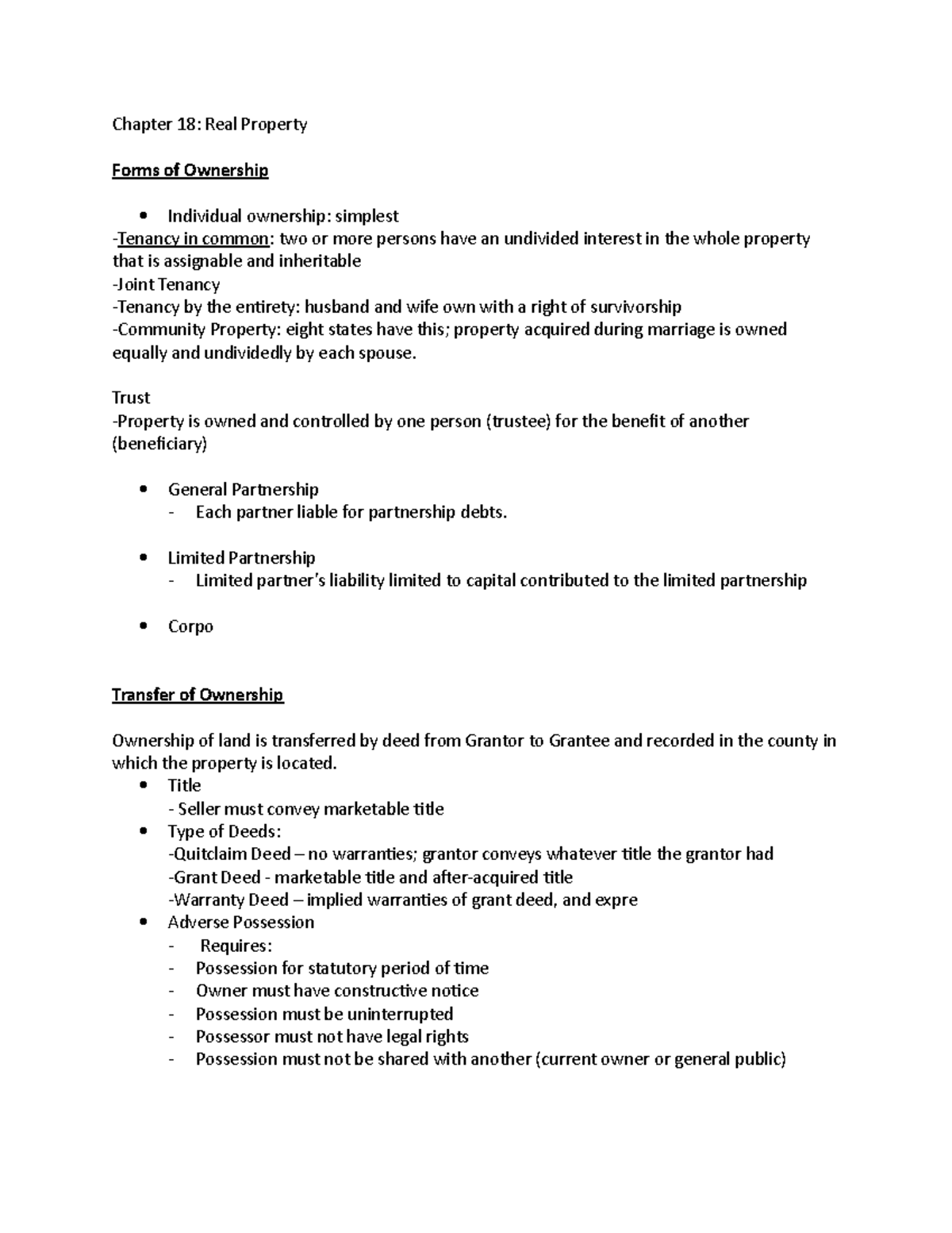Ch BLAW 337 - Notes Garza - Chapter 18: Real Property Forms of ...