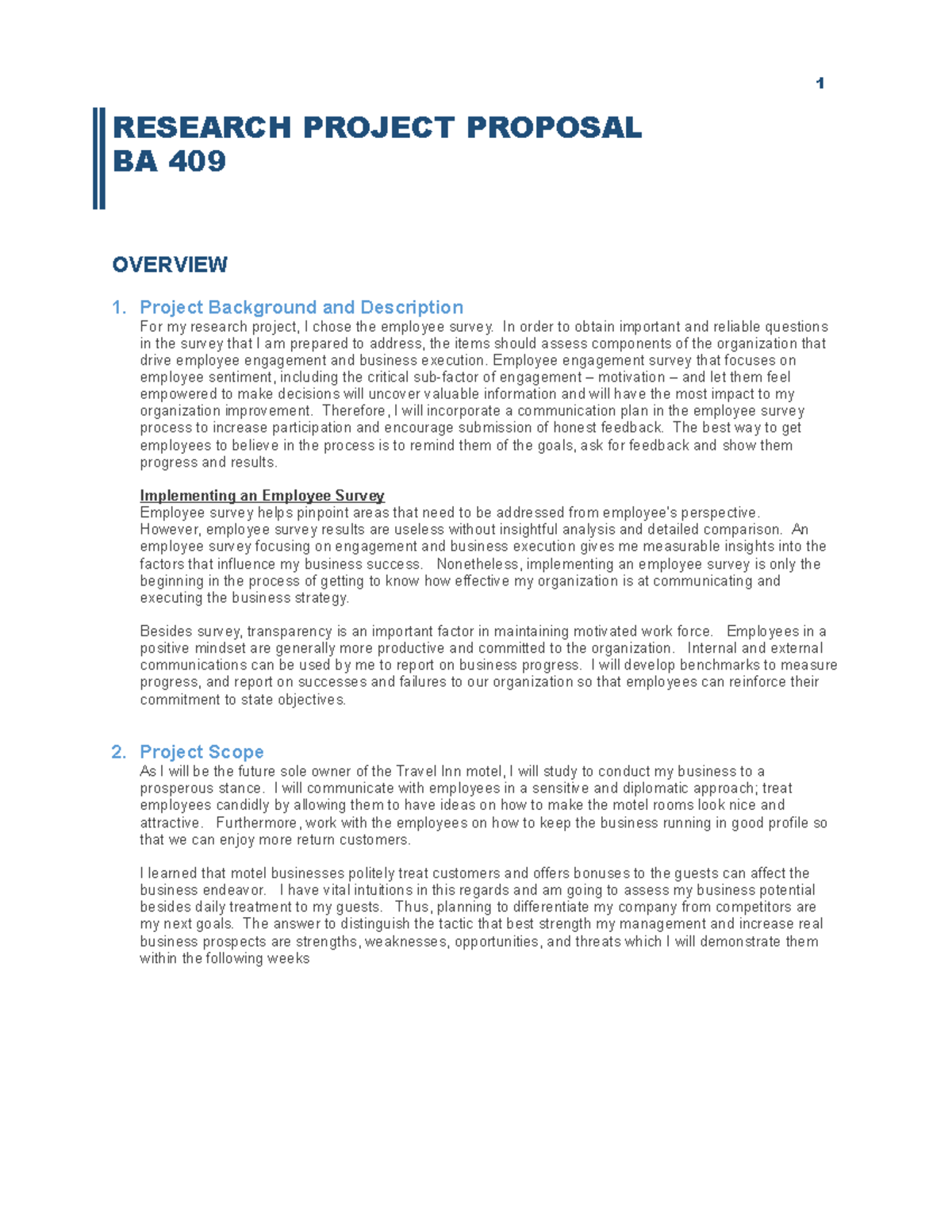 BA 409 Research project proposal - 1 RESEARCH PROJECT PROPOSAL BA 409 ...