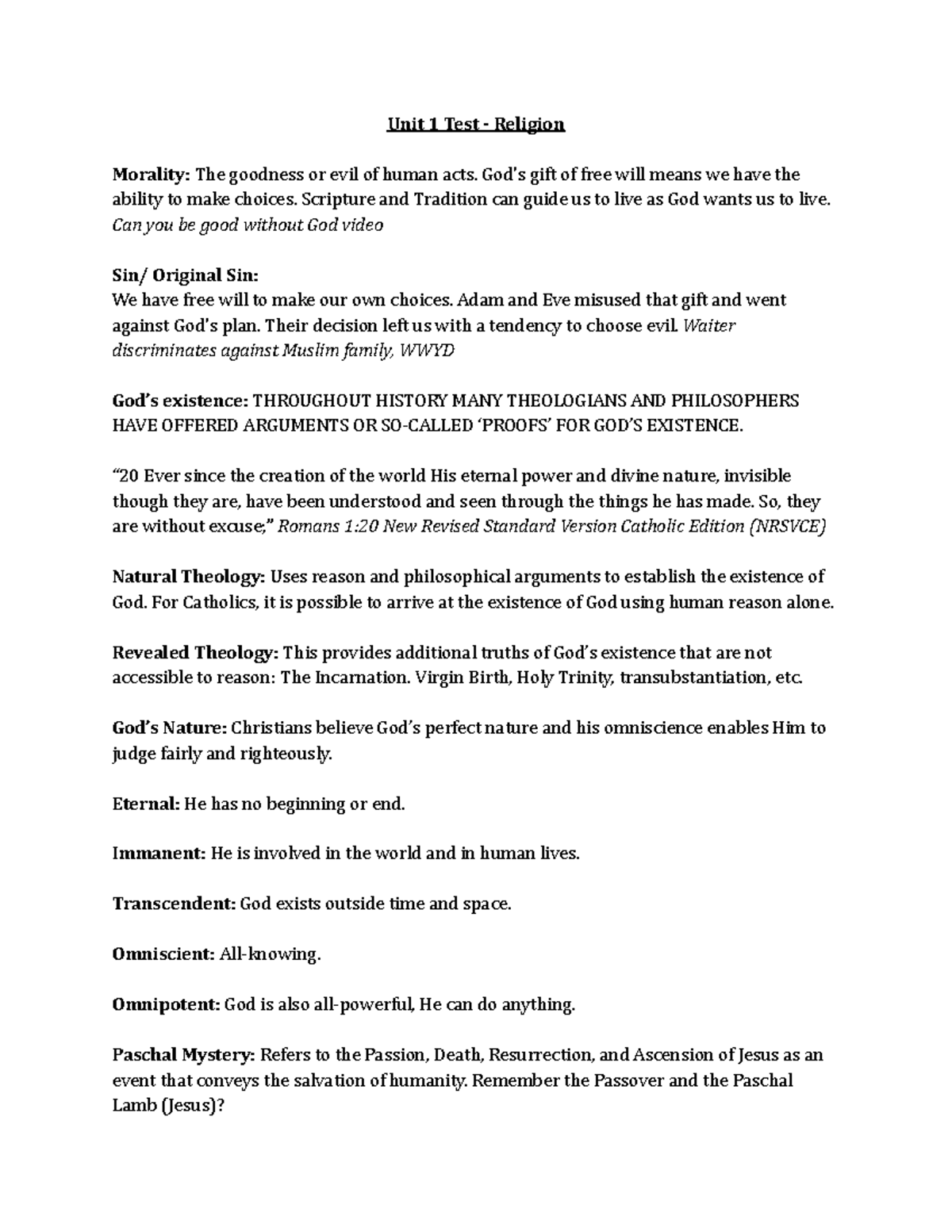 Unit 1 - Religion Review - Unit 1 Test - Religion Morality: The ...