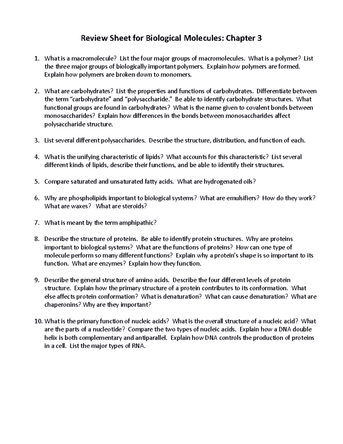 Bio152 Review Sheets Chapter 3 - Review Sheet for Biological Molecules ...