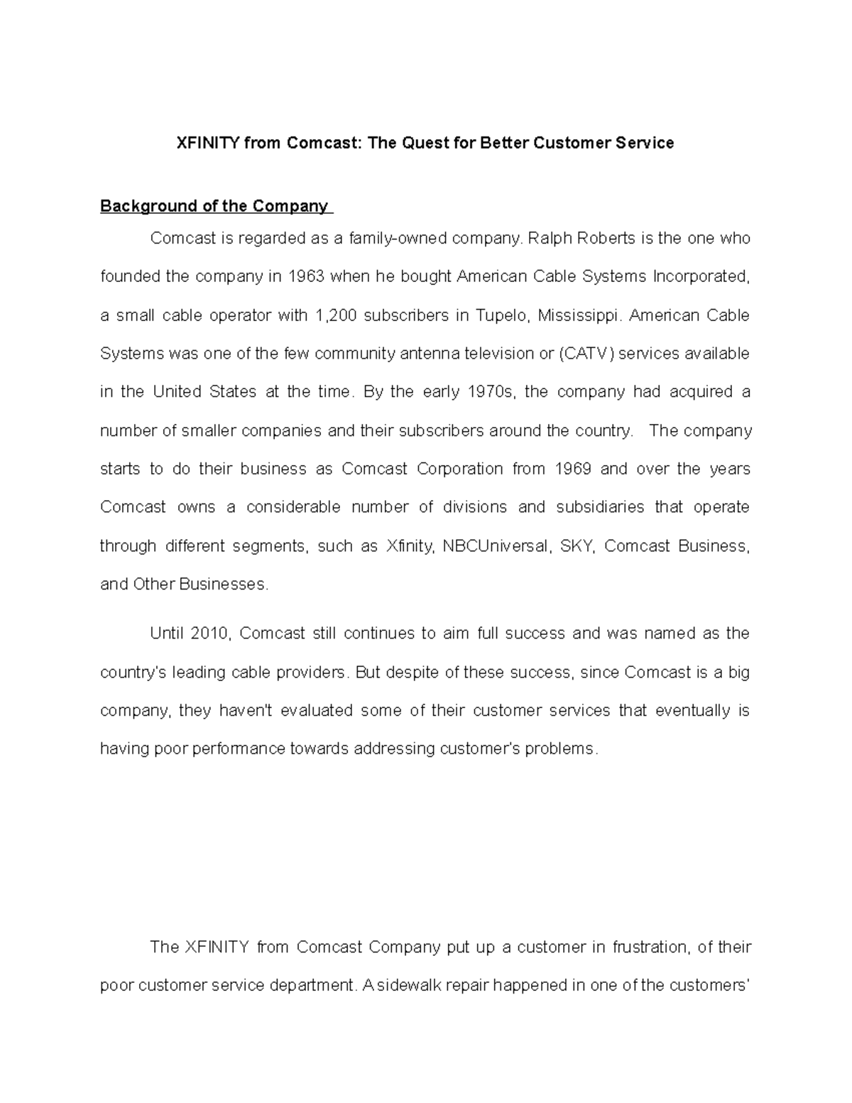 Sample CASE Study - fwrfw - XFINITY from Comcast: The Quest for Better ...