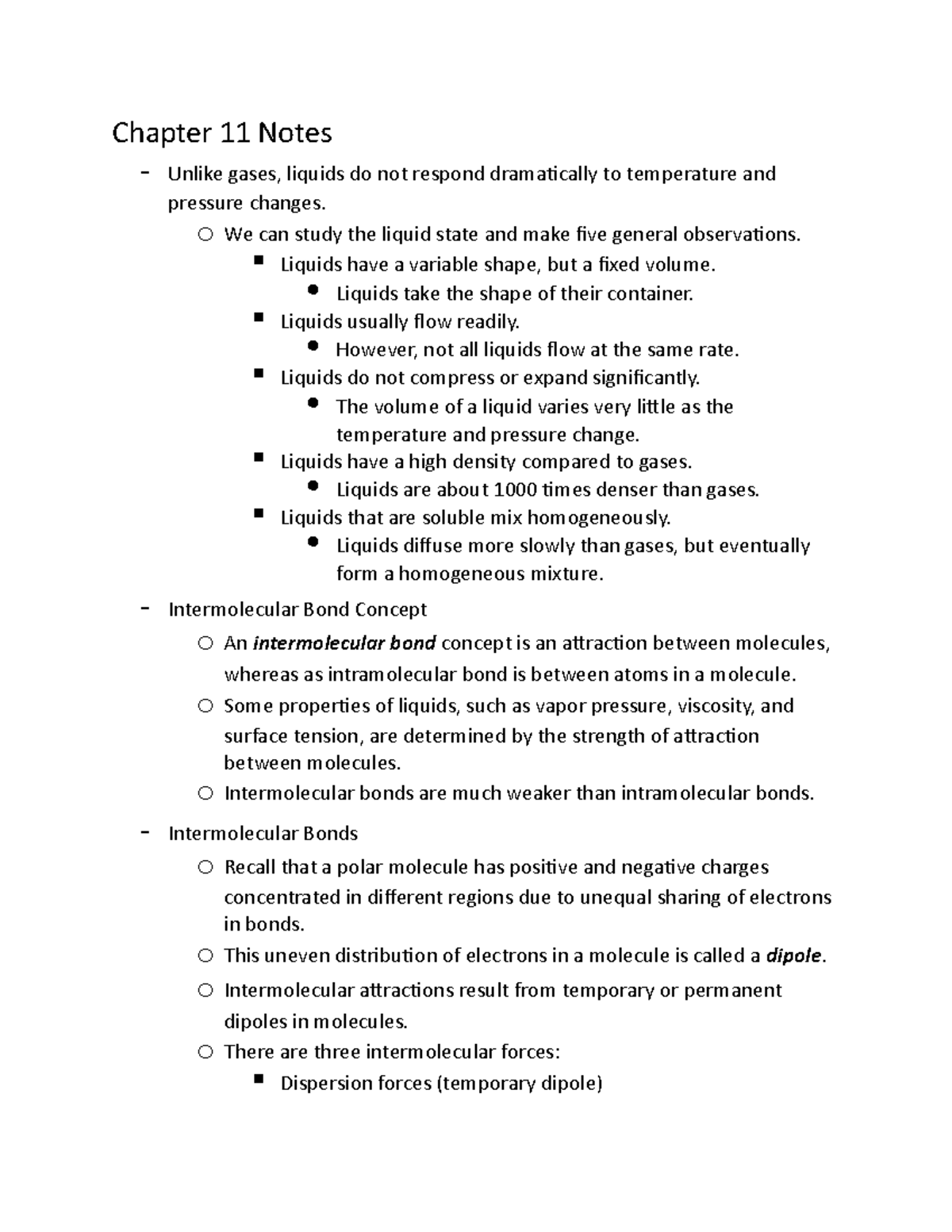 Chapter 11 Notes CHM - Liquids and gases - Chapter 11 Notes - Unlike ...