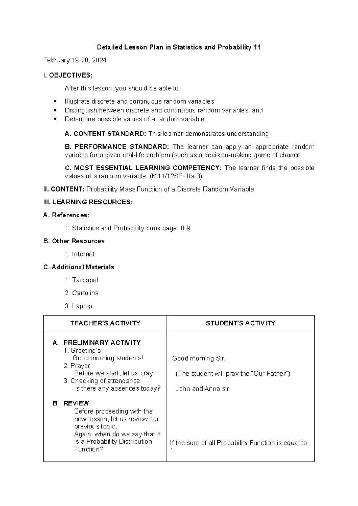 Feb DLP S&P11 - N/A - Detailed Lesson Plan in Statistics and ...