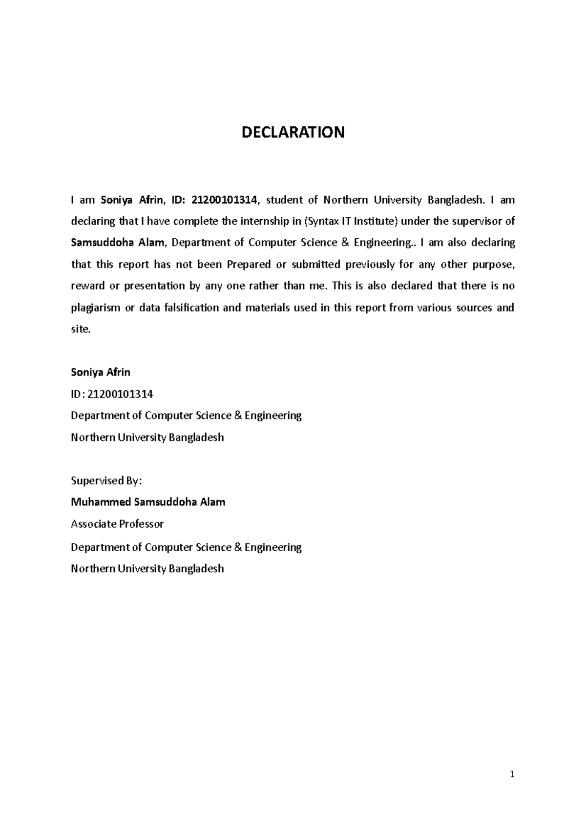 Doc - etc - DECLARATION I am Soniya Afrin, ID: 21200101314, student of ...