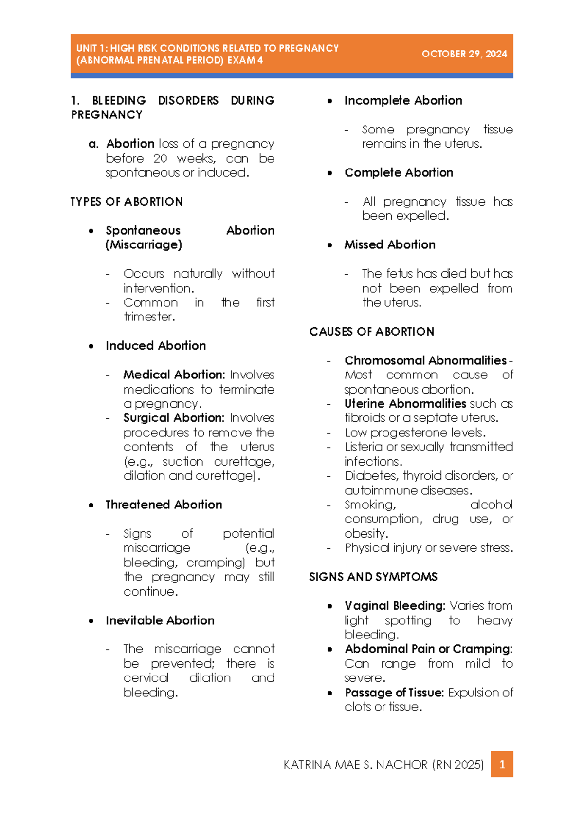 UNIT 1- HIGH RISK Conditions Related TO Pregnancy ( Abnormal Prenatal ...