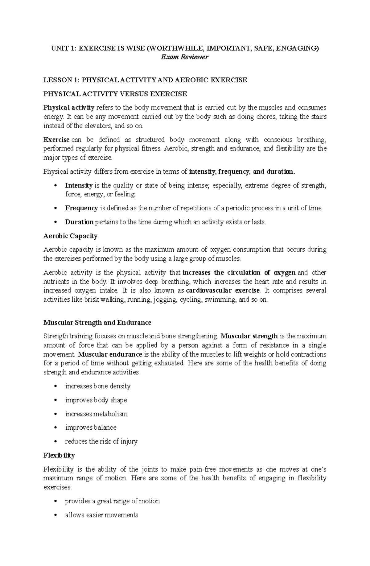PE 11 UNIT 1 Reviewer - fdhhfjg - UNIT 1: EXERCISE IS WISE (WORTHWHILE ...