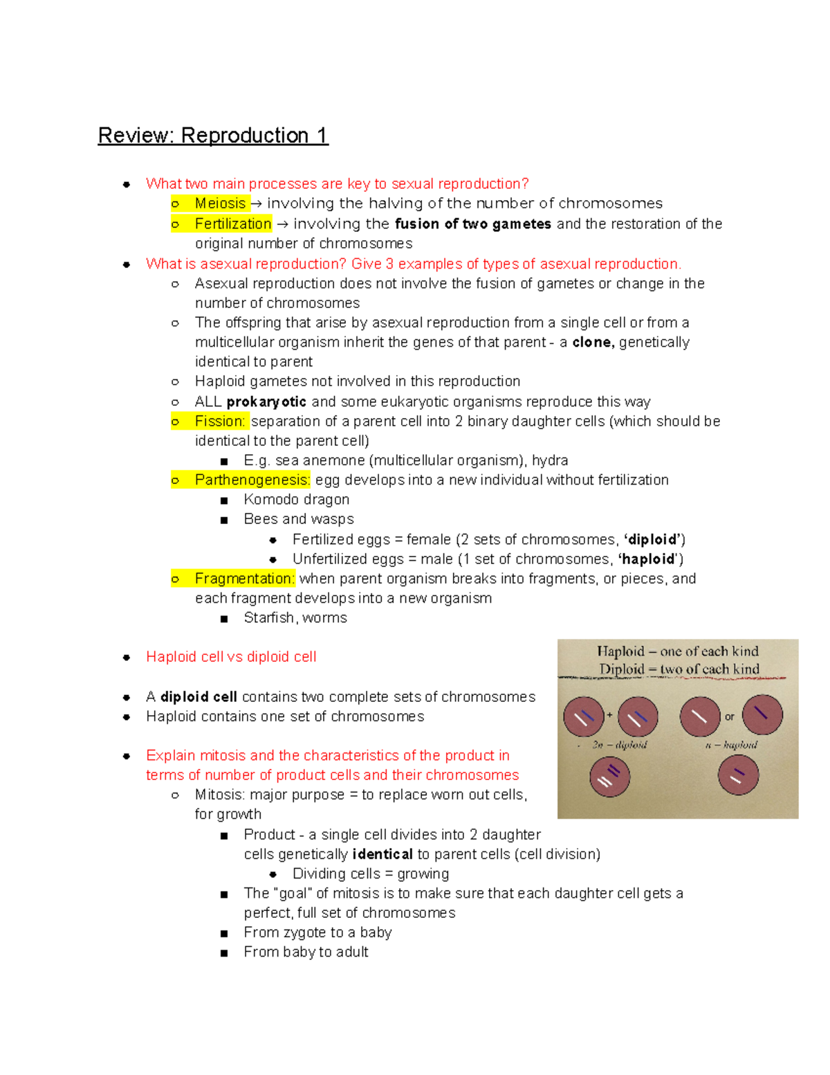 BIO Revision - Reproduction review qs - Review: Reproduction 1 What two ...