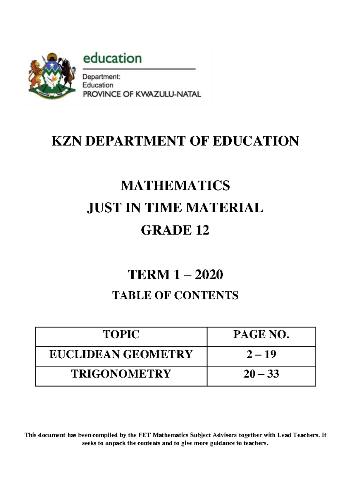 Gr12 Mathematics JIT Term1 Teacher Material 2020 - KZN DEPARTMENT OF EDUCATION MATHEMATICS JUST ...