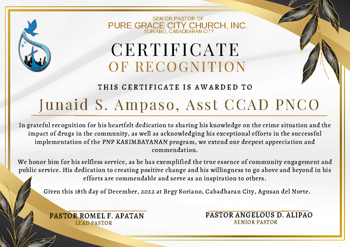 Gold and Black Elegant Certificate of Recognition - SENIOR PASTOR OF ...
