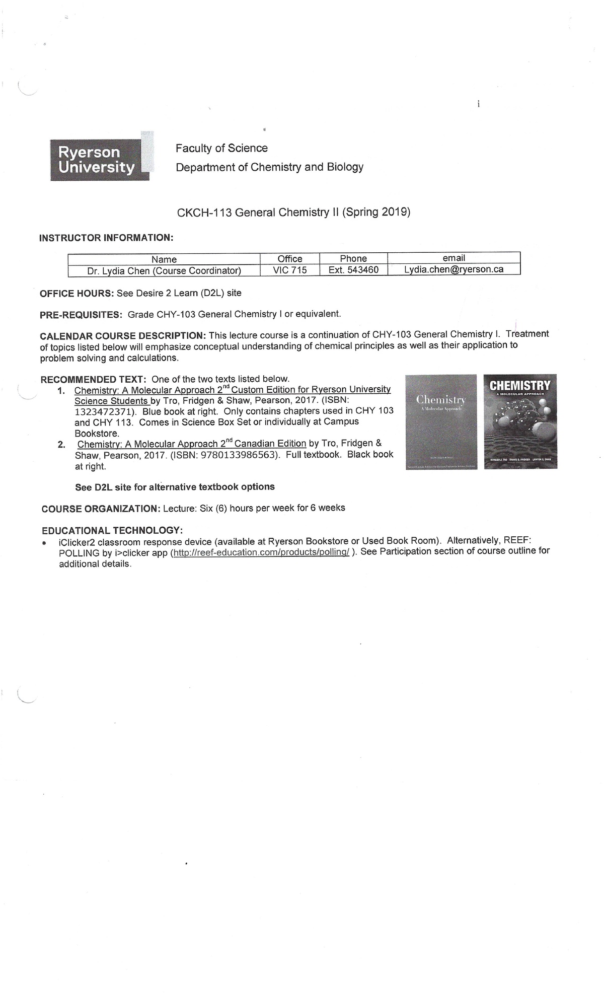 CKCH 113 Course Outline Spring 2019 - I Ryerson Faculty of Science ...