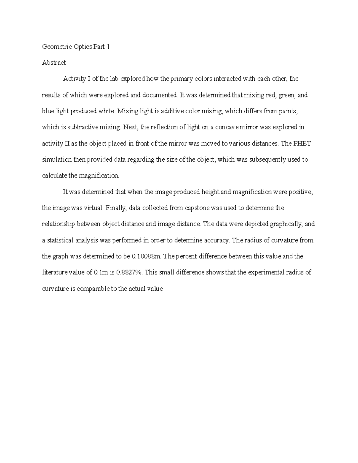 Geo Optic Part 1 - Geometric Optics Part 1 Abstract Activity I of the lab explored how the ...