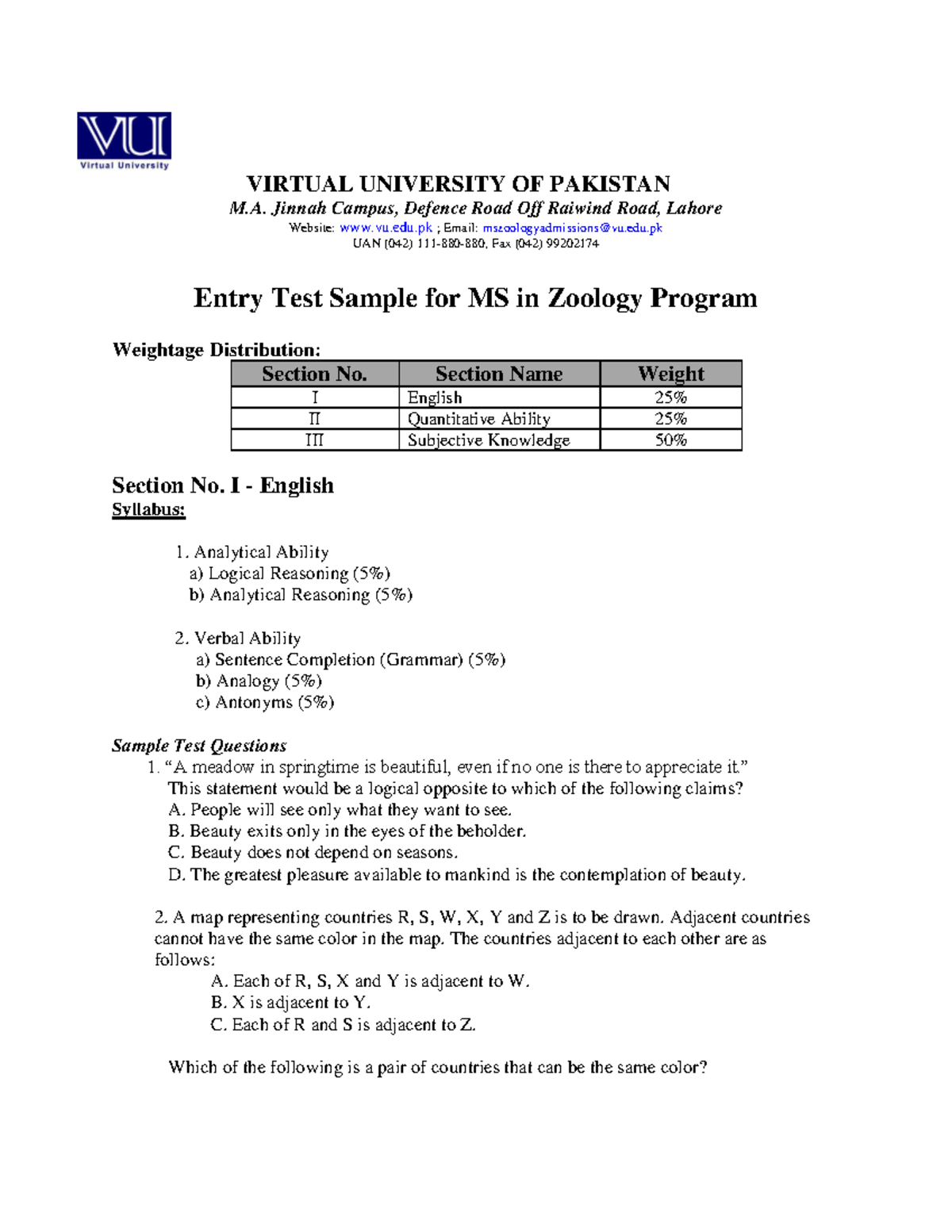 Sample test for MS Zoology - VIRTUAL UNIVERSITY OF PAKISTAN M. Jinnah ...
