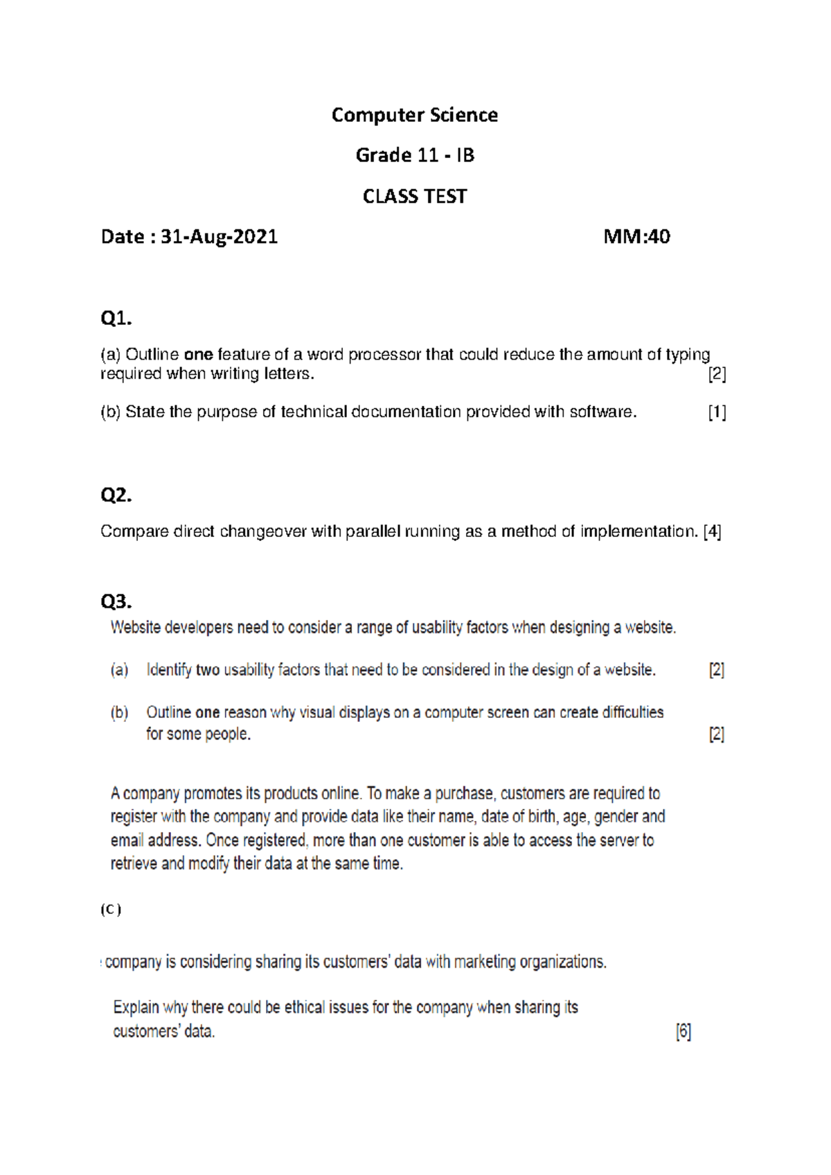 Class TEST 31AUG2021 - Computer Science SL - Computer Science Grade 11 ...