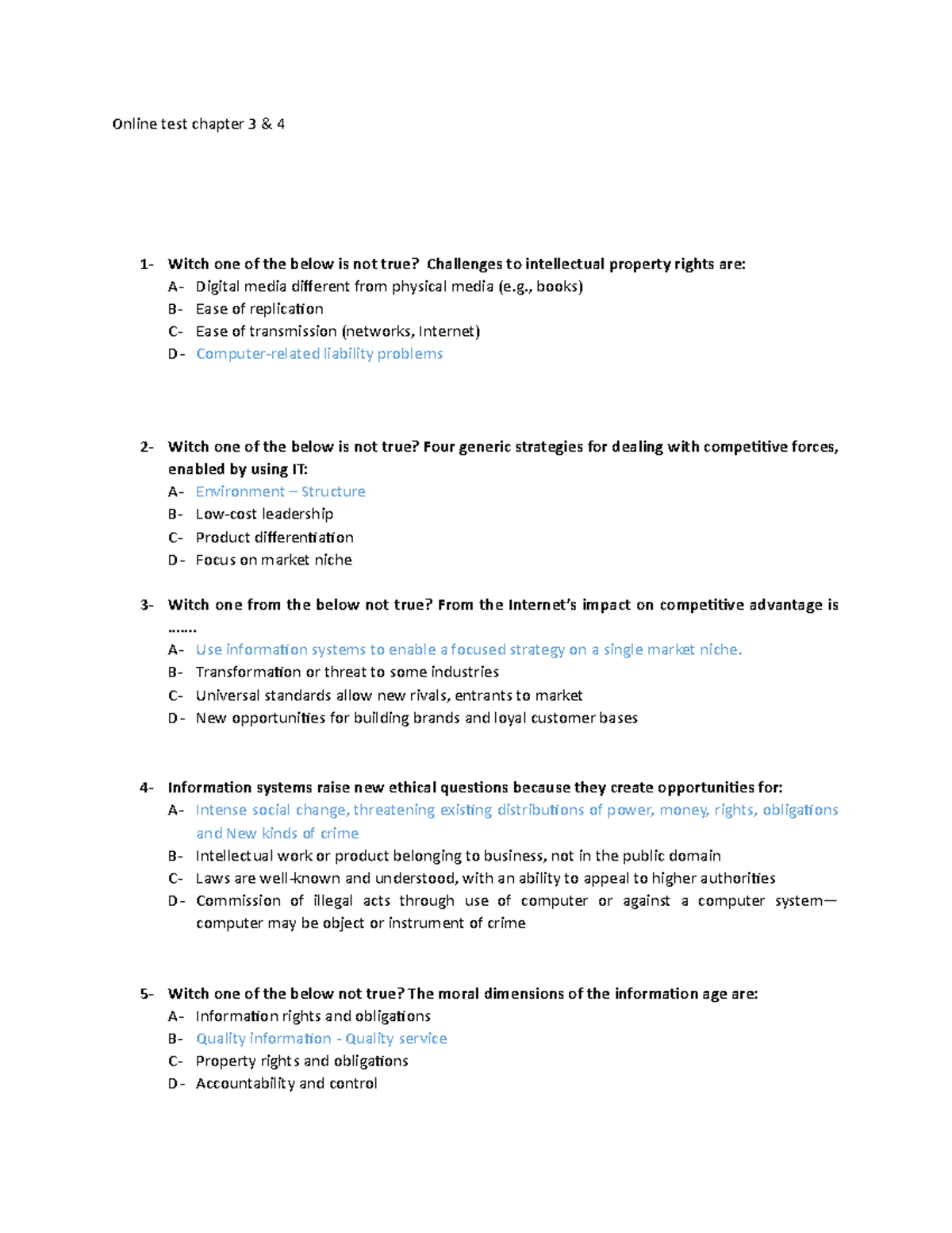Test Bank chapter 3 & 4 - Online test chapter 3 & 4 1- Witch one of the ...