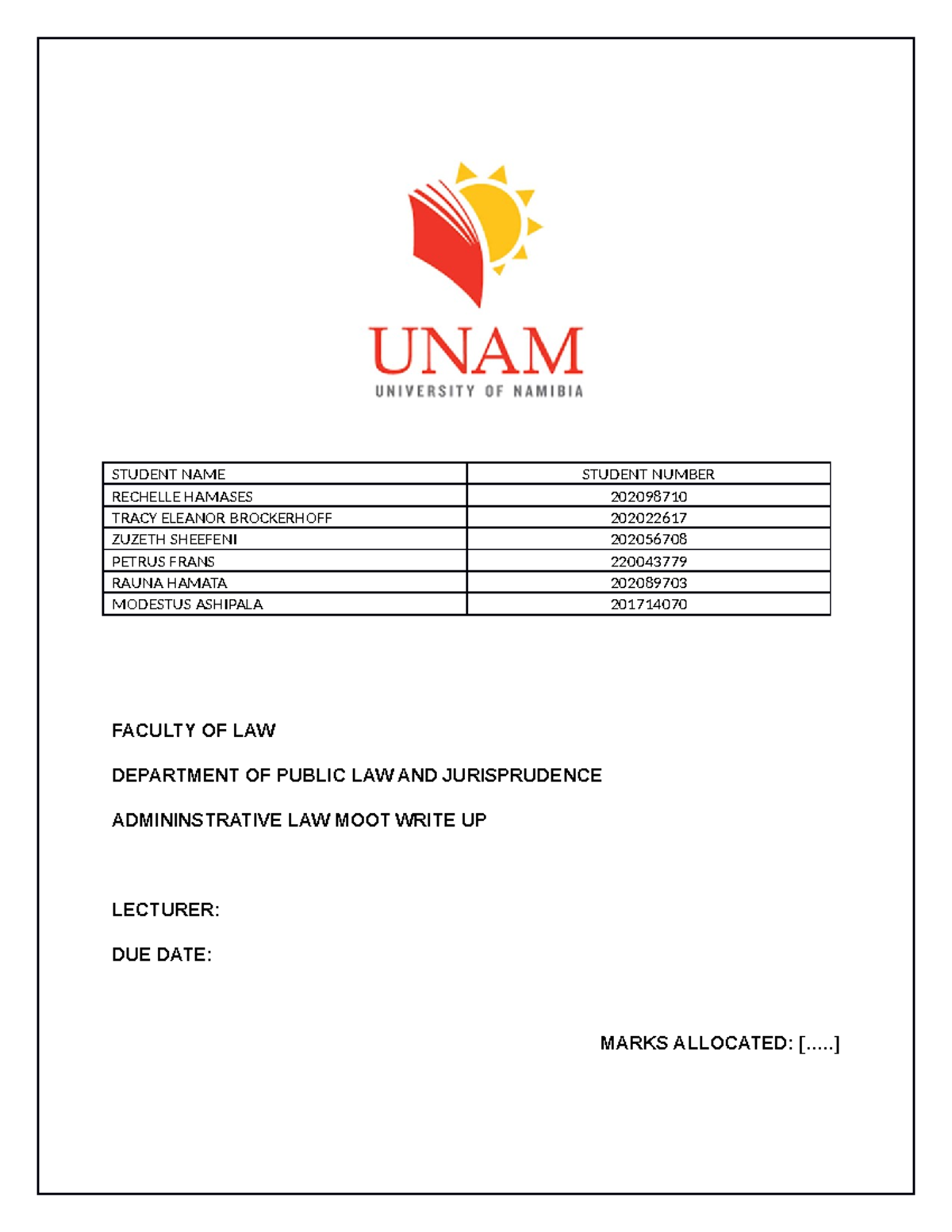 Moot write up - STUDENT NAME STUDENT NUMBER RECHELLE HAMASES 202098710 ...