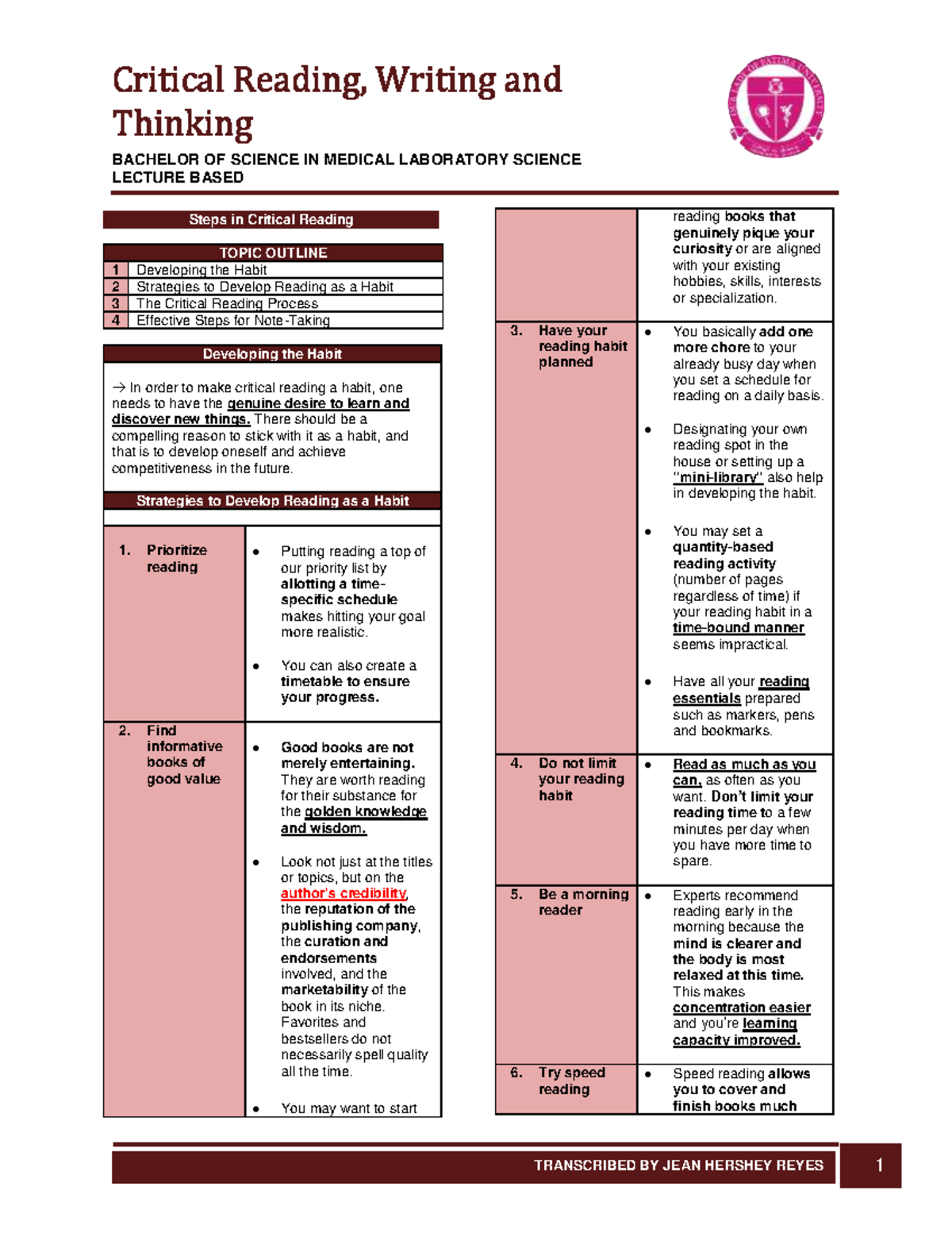 Lesson 3 Steps in Critical Reading - Thinking BACHELOR OF SCIENCE IN ...