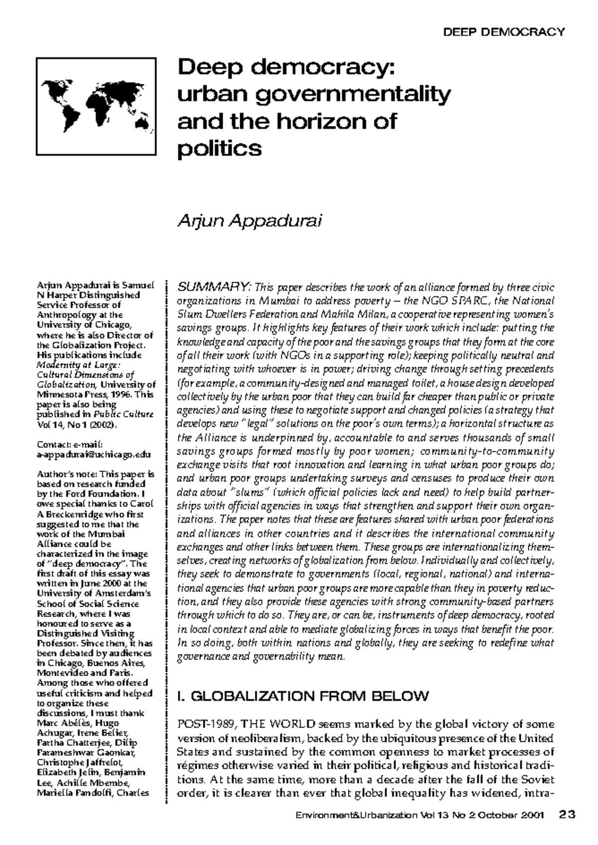 Arjun Appadurai Deep democracy - Deep democracy: urban governmentality and the horizon of ...