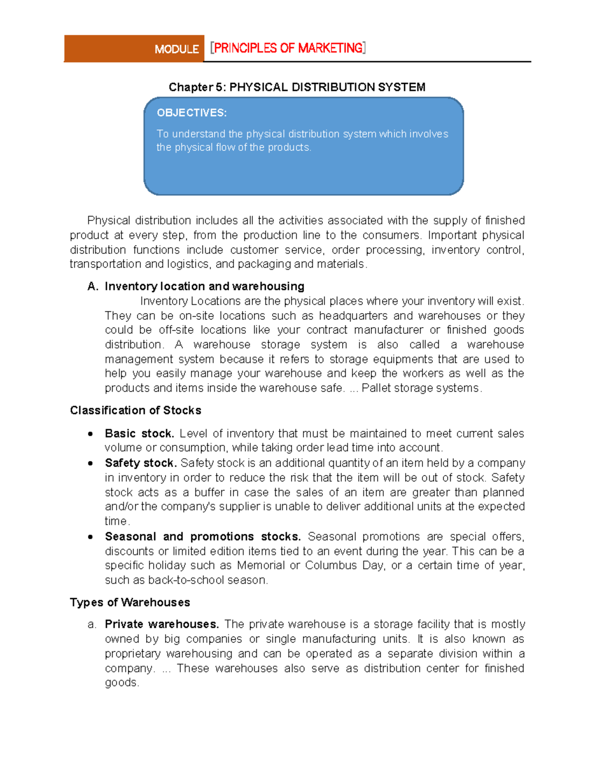 Chapter 5 - Physical Distribution System - Chapter 5: PHYSICAL ...