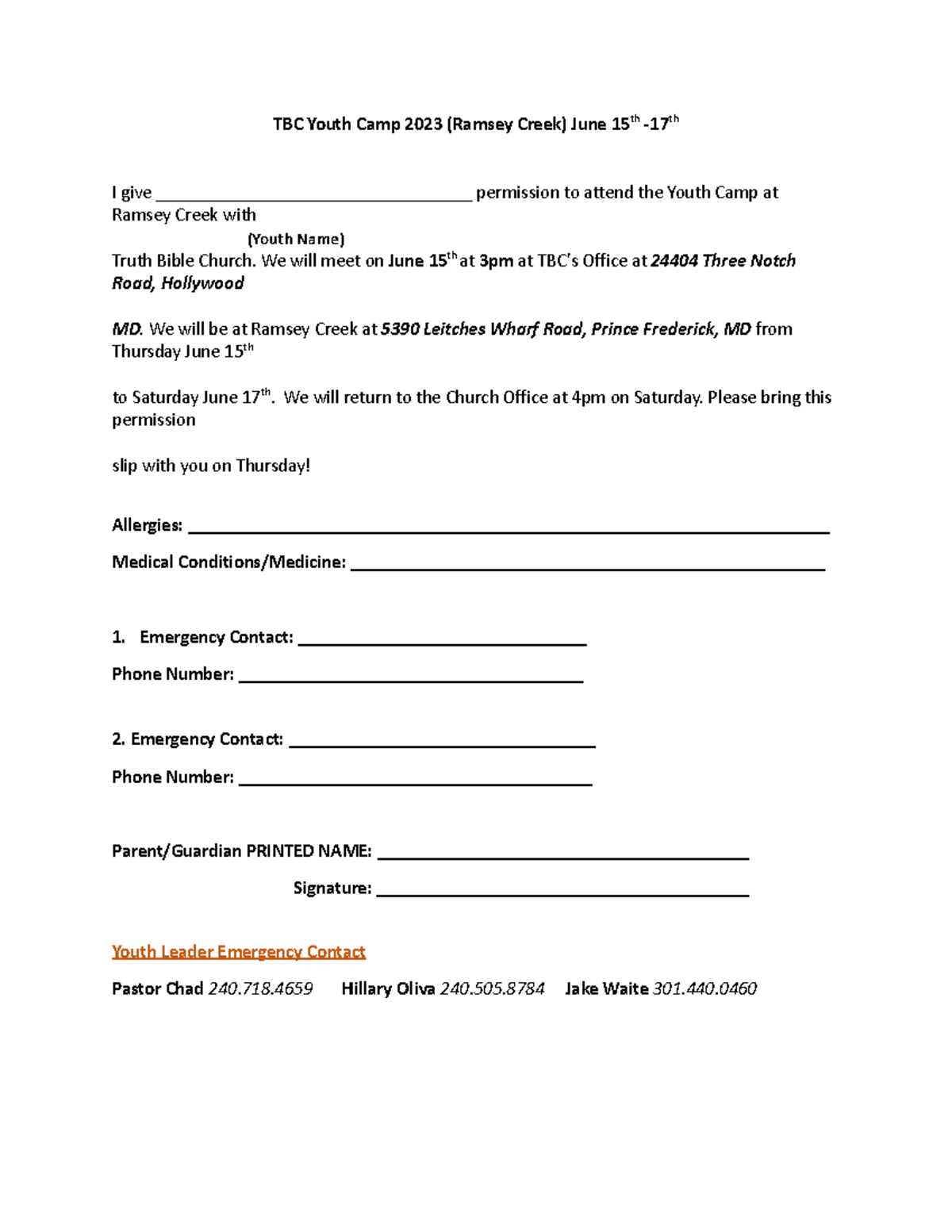 TBC Youth Camp 2023 Ramsey Creek June 15th -17th - We will meet on June ...