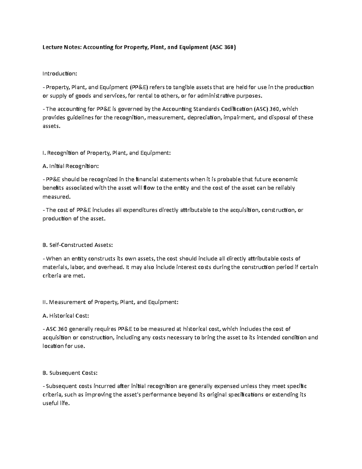Lecture Notes: Accounting for Property, Plant, and Equipment (ASC 360 ...