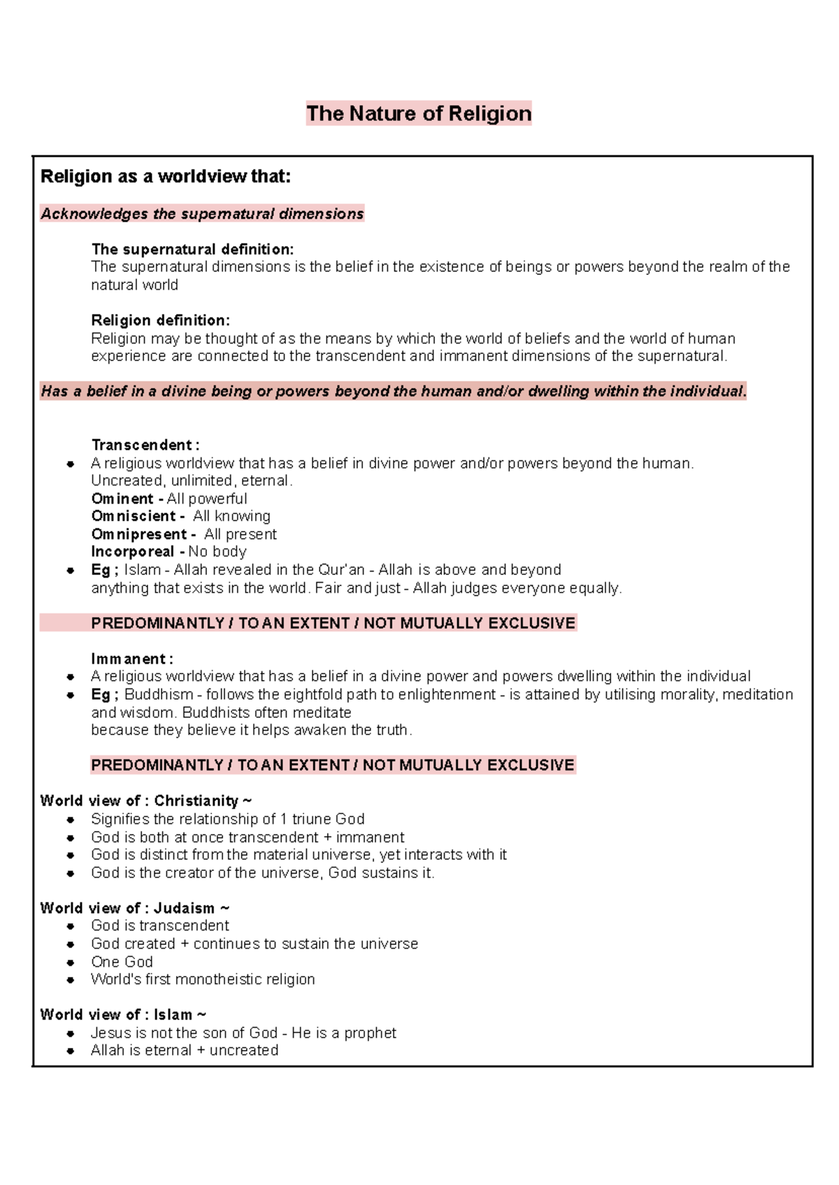 Complete SOR II notes - The Nature of Religion Religion as a worldview ...