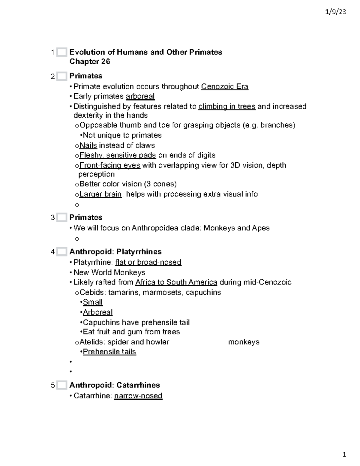 Ch. 26 - Primates - 1/9/ 1 Evolution of Humans and Other Primates ...