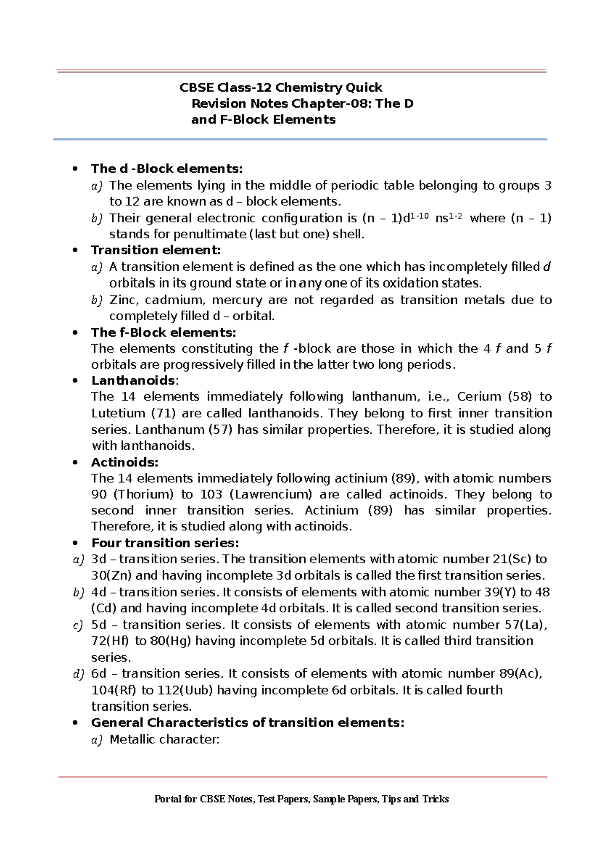 12 chemistry notes ch08 the dblock f-block elements - CBSE Class-12 ...