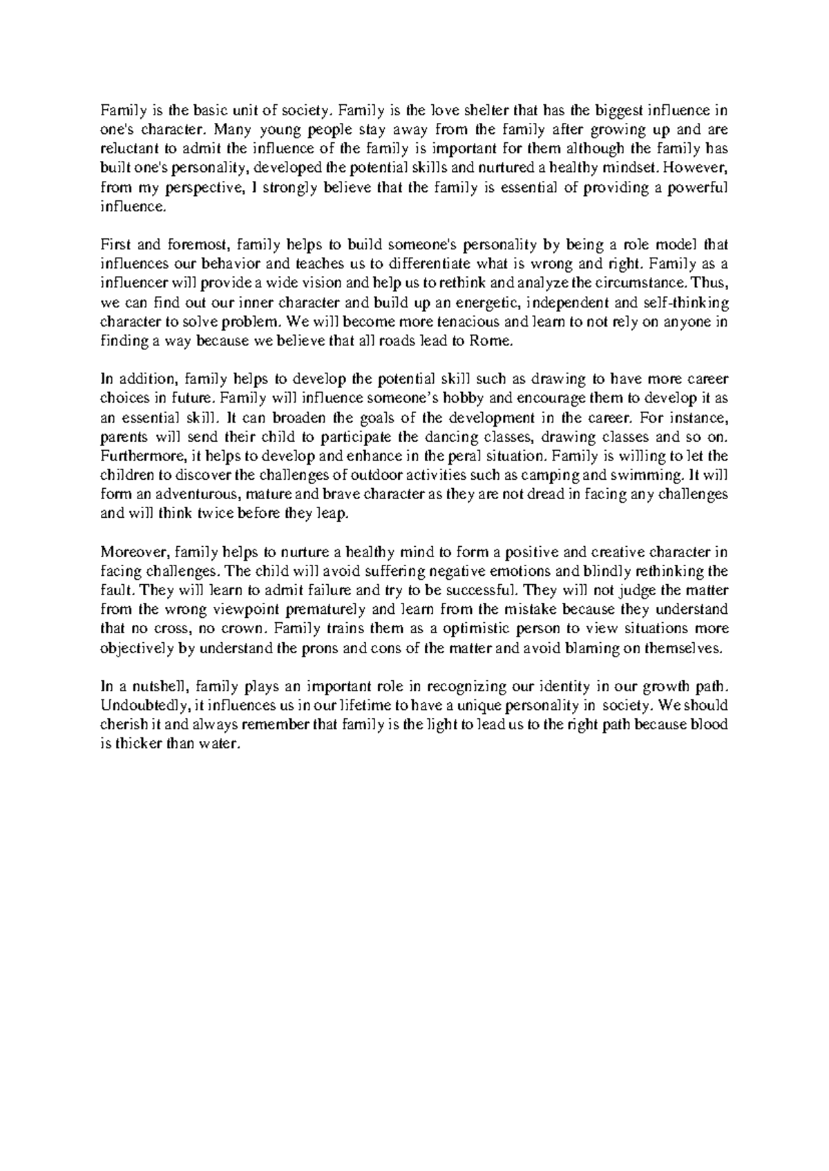 English essay Teo Hsin Yee - Family is the basic unit of society ...