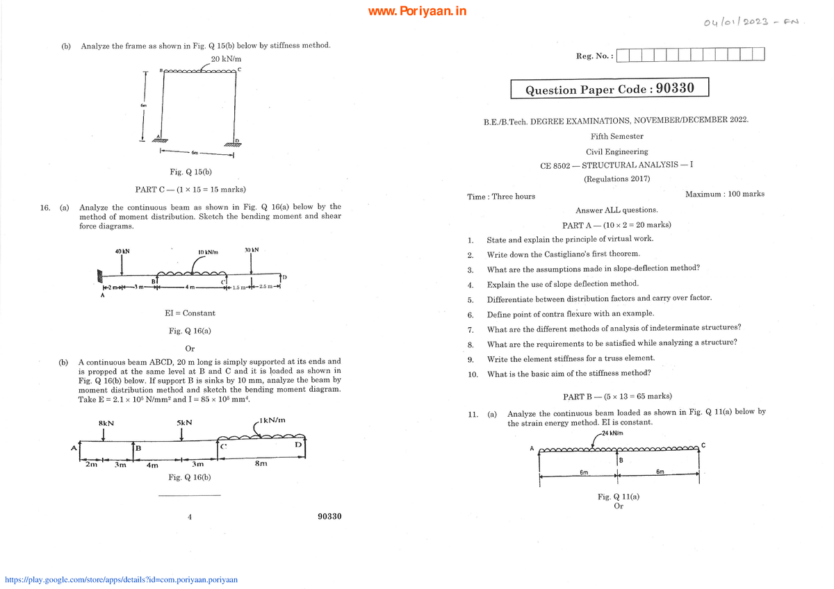 Structural Analysis I - CE 8502 2017 Regulation - Semester Question ...