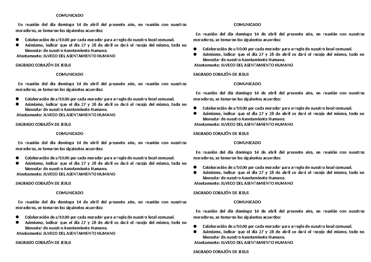 Comunicado 1 - jncd´sd - COMUNICADO En reunión del día domingo 14 de ...