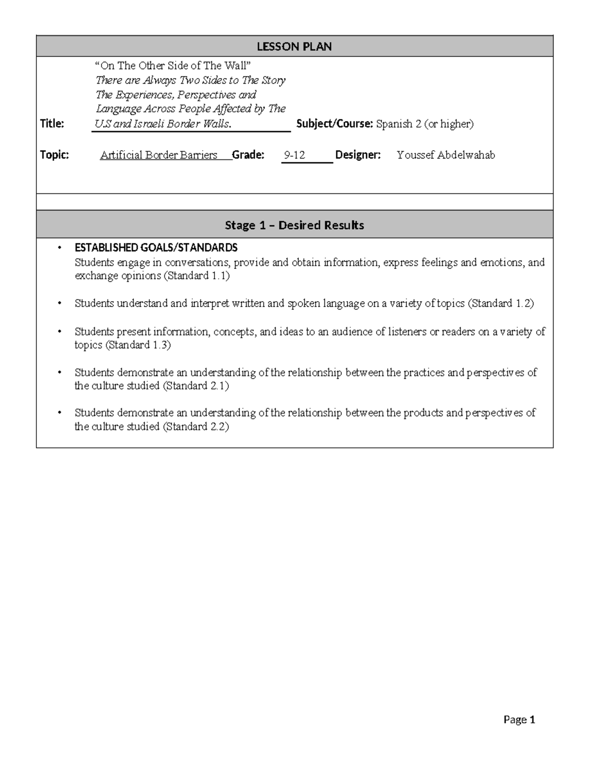 Lesson PLAN UBD - AL2 - LESSON PLAN “On The Other Side of The Wall ...