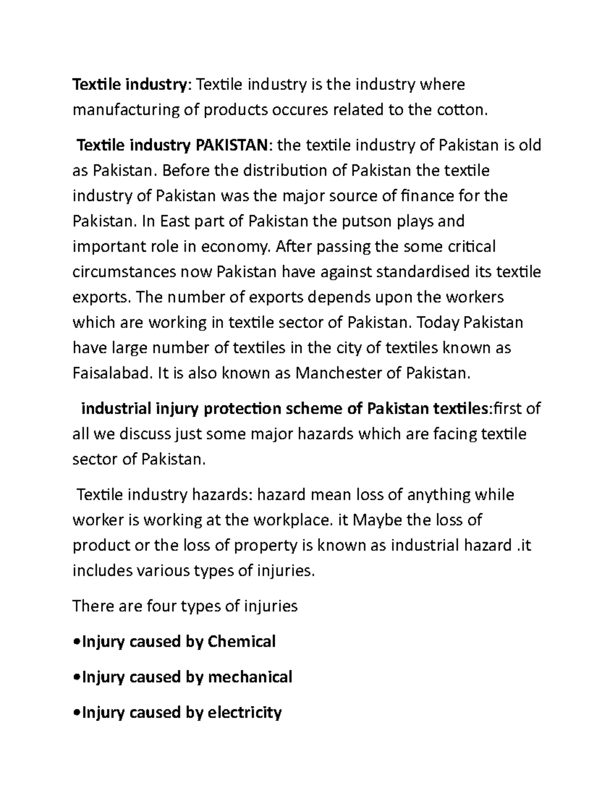 Textile industry assignment roll no202025 - Textile industry: Textile ...