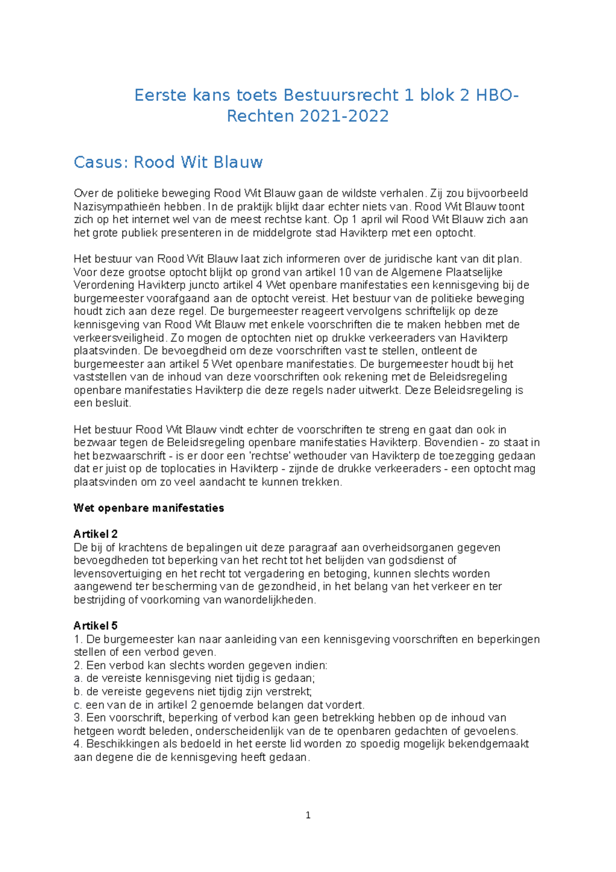 Toets Bestuursrecht 1 eerste kans Brightspace - HvA - Studeersnel