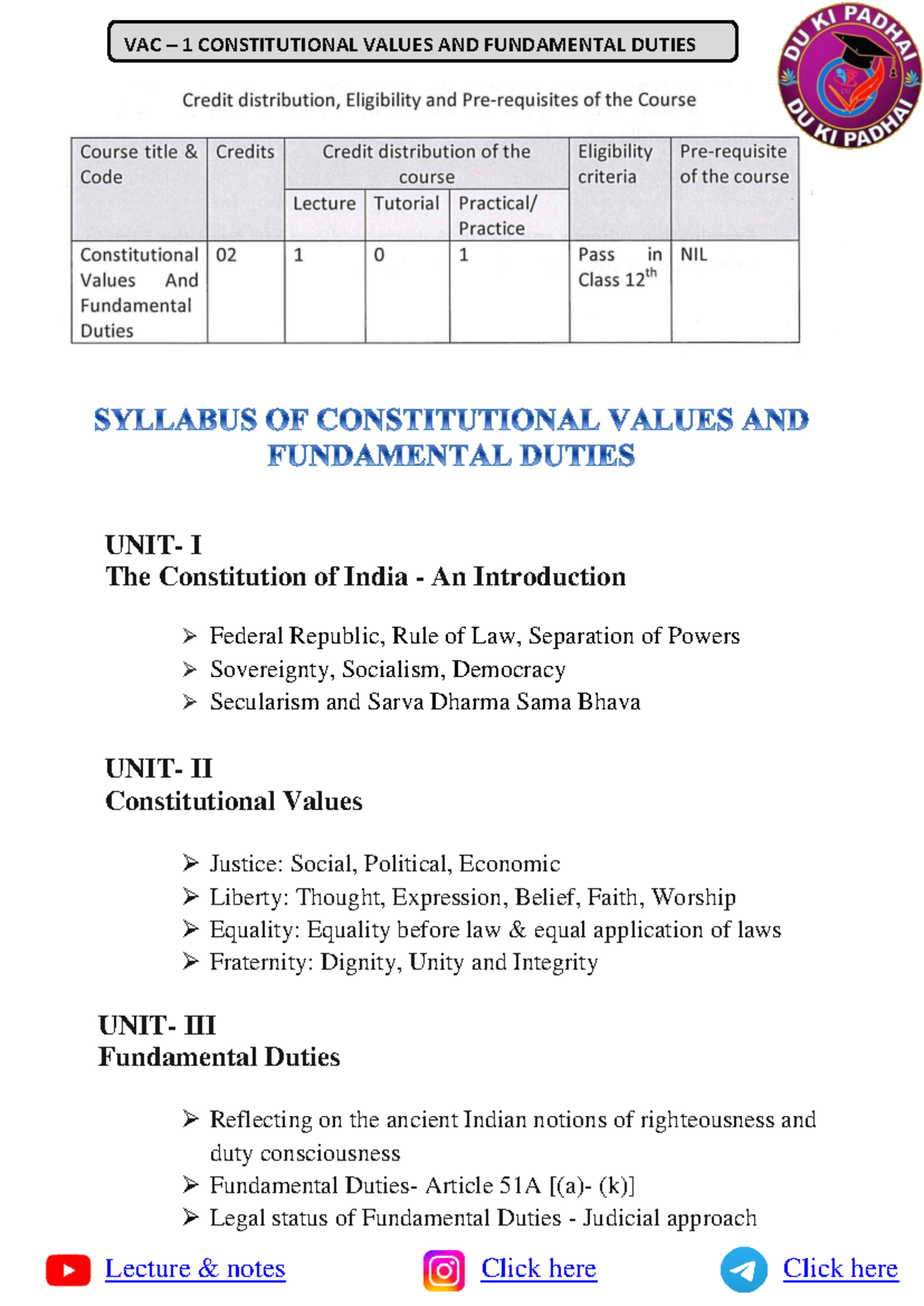 Syllabus OF Constitutional Values AND Fundamental Duties IN English AND Hindi - VAC – 1 - Studocu