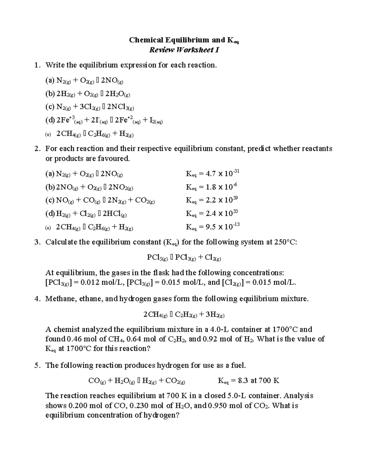 2.4 - Equilibrium Problems Worksheet - Chemical Equilibrium and Keq ...