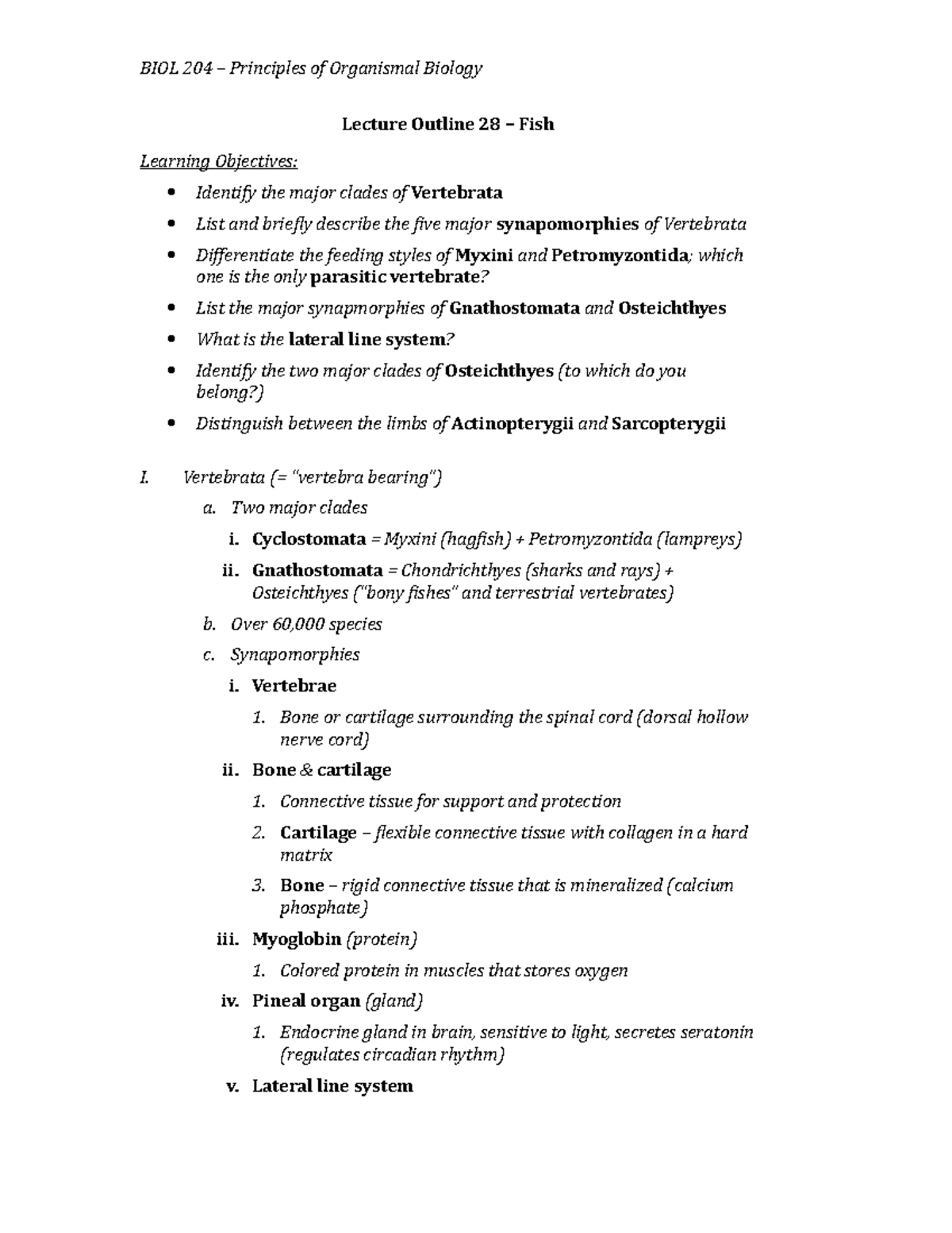 BIOL 204 Lecture 28 Outline - Fish - BIOL 204 Principles of Organismal ...