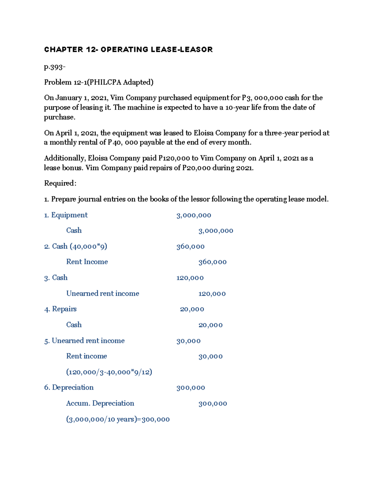 Chapter 12 - operating lease- lessor (definition) - CHAPTER 12 ...