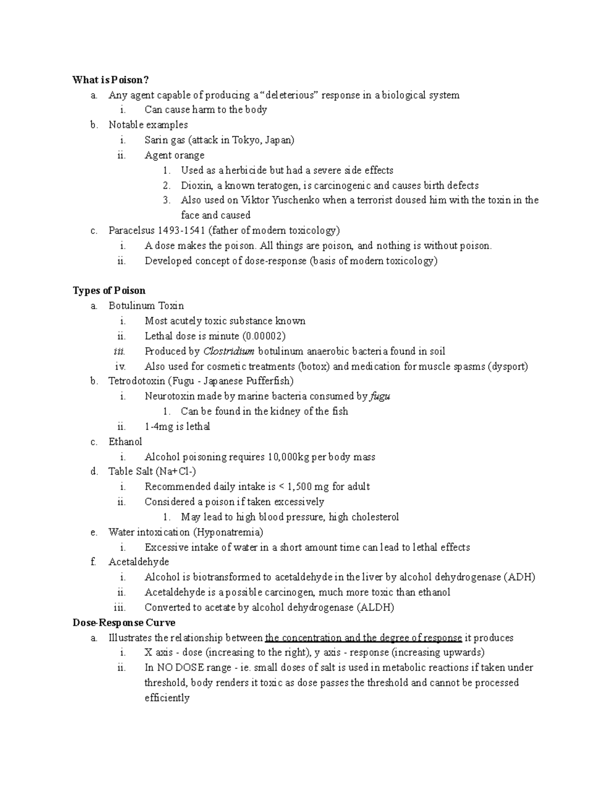 Topic 6 - Toxicology - Lecture notes 6 - What is Poison? a. Any agent ...