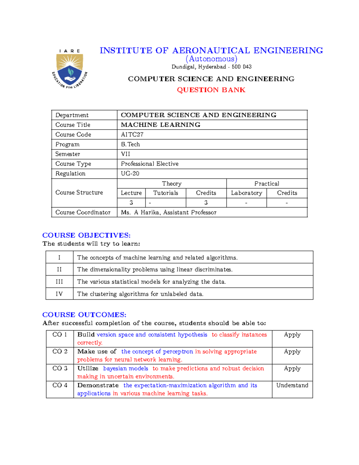 Machine Learning QB UG20 - INSTITUTE OF AERONAUTICAL ENGINEERING ...