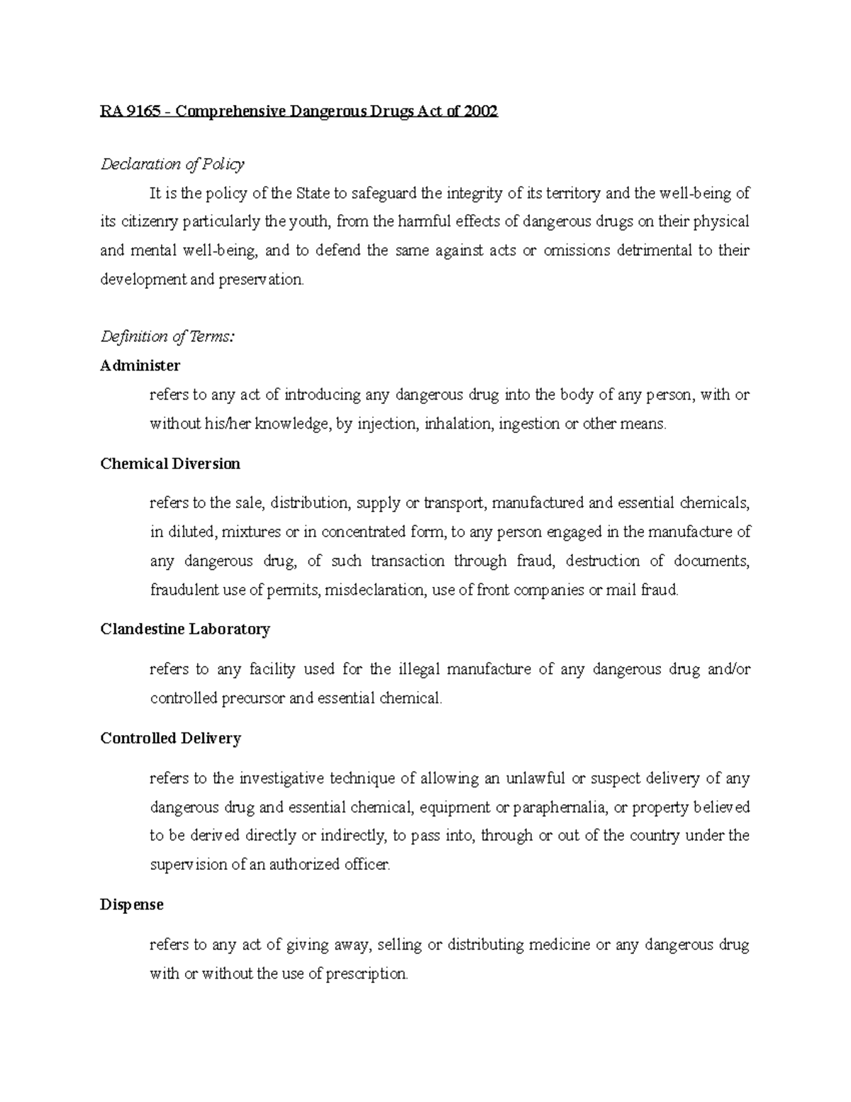 RA 9165 and RA 8203 Outline - RA 9165 - Comprehensive Dangerous Drugs ...