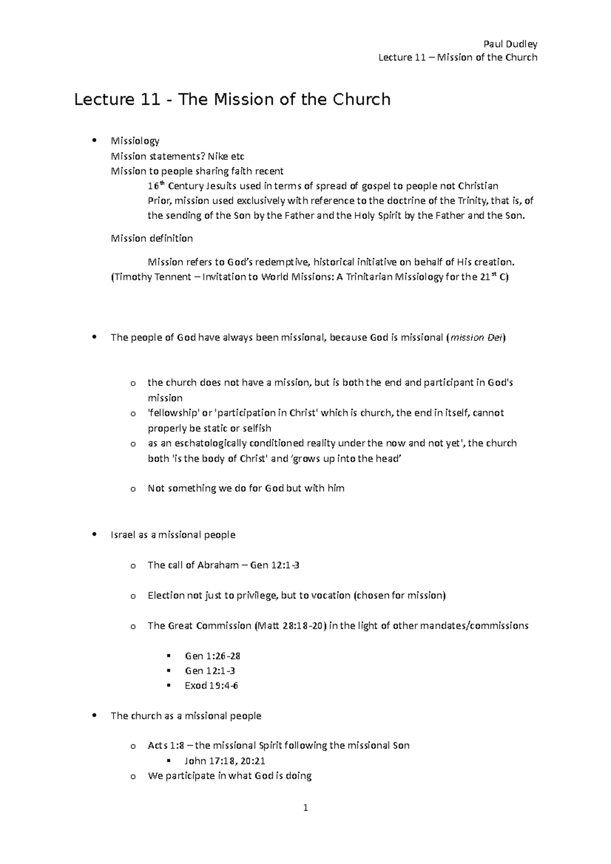 Handout 11 - 2023 - Lecture 11 – Mission of the Church Lecture 11 - The ...