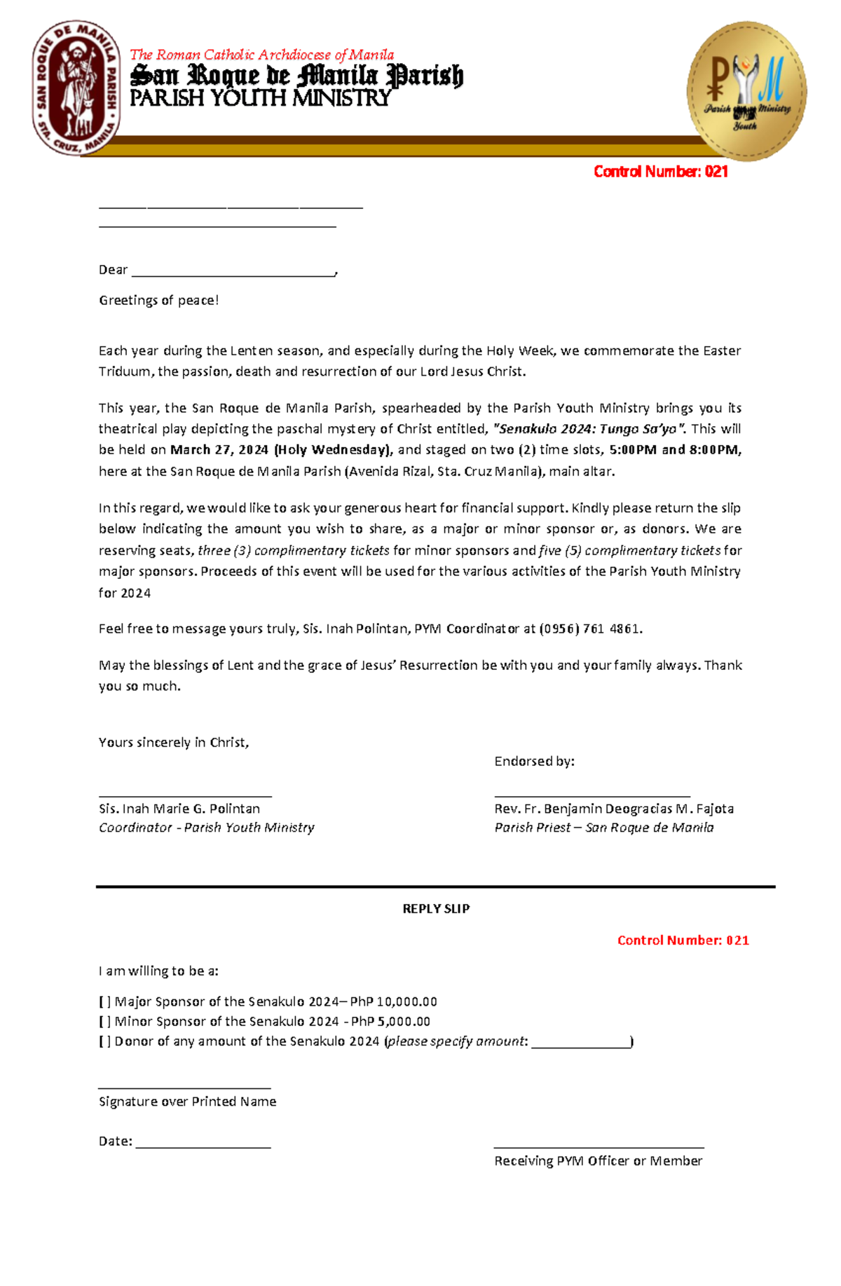 Senakulo 2024 Tungo Sa'yo - Control Number: 0 21 Dear ...