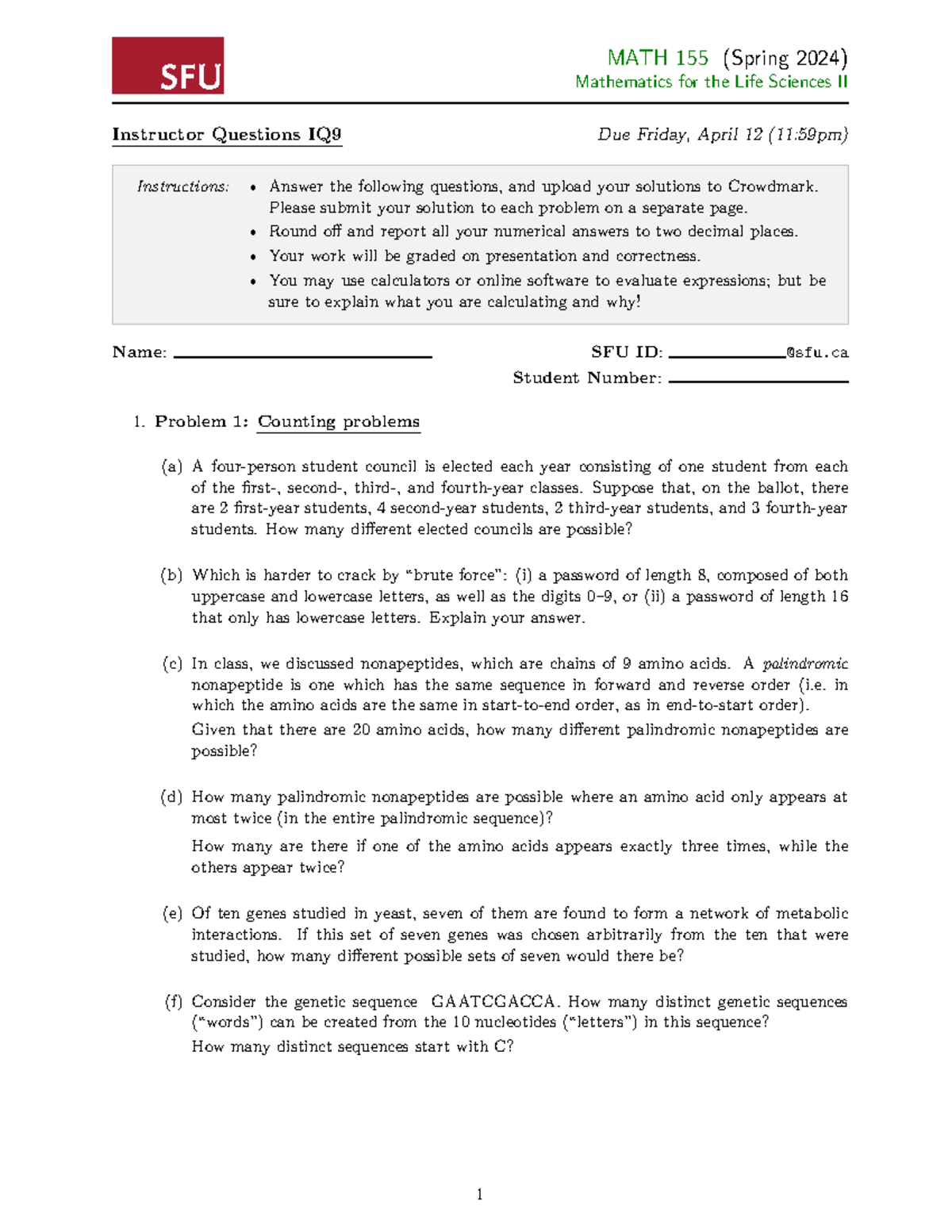 Iq9 - Iq9 - MATH 155 (Spring 2024) Mathematics for the Life Sciences II ...