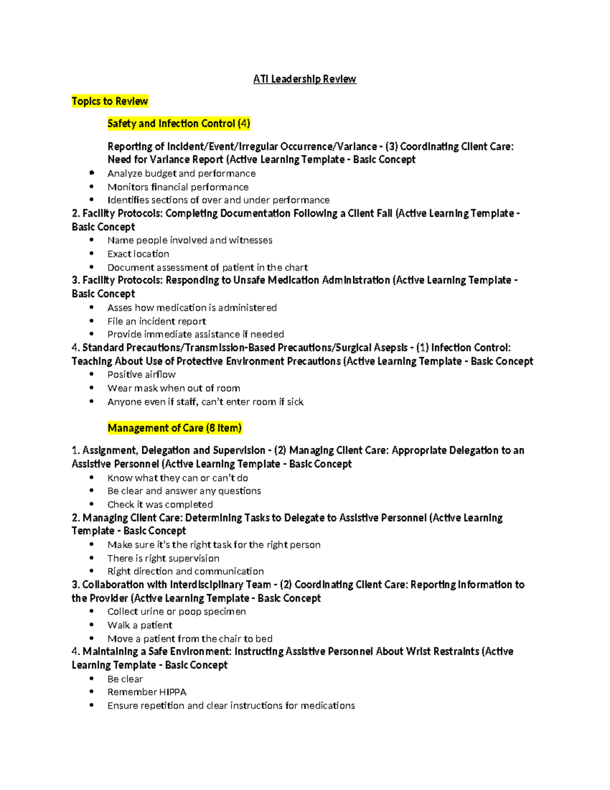 ATI Focused Review - ATI Leadership Review Topics to Review Safety and ...