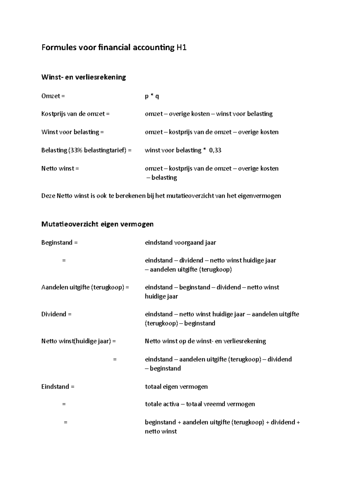 Formules voor financial accounting - Studeersnel