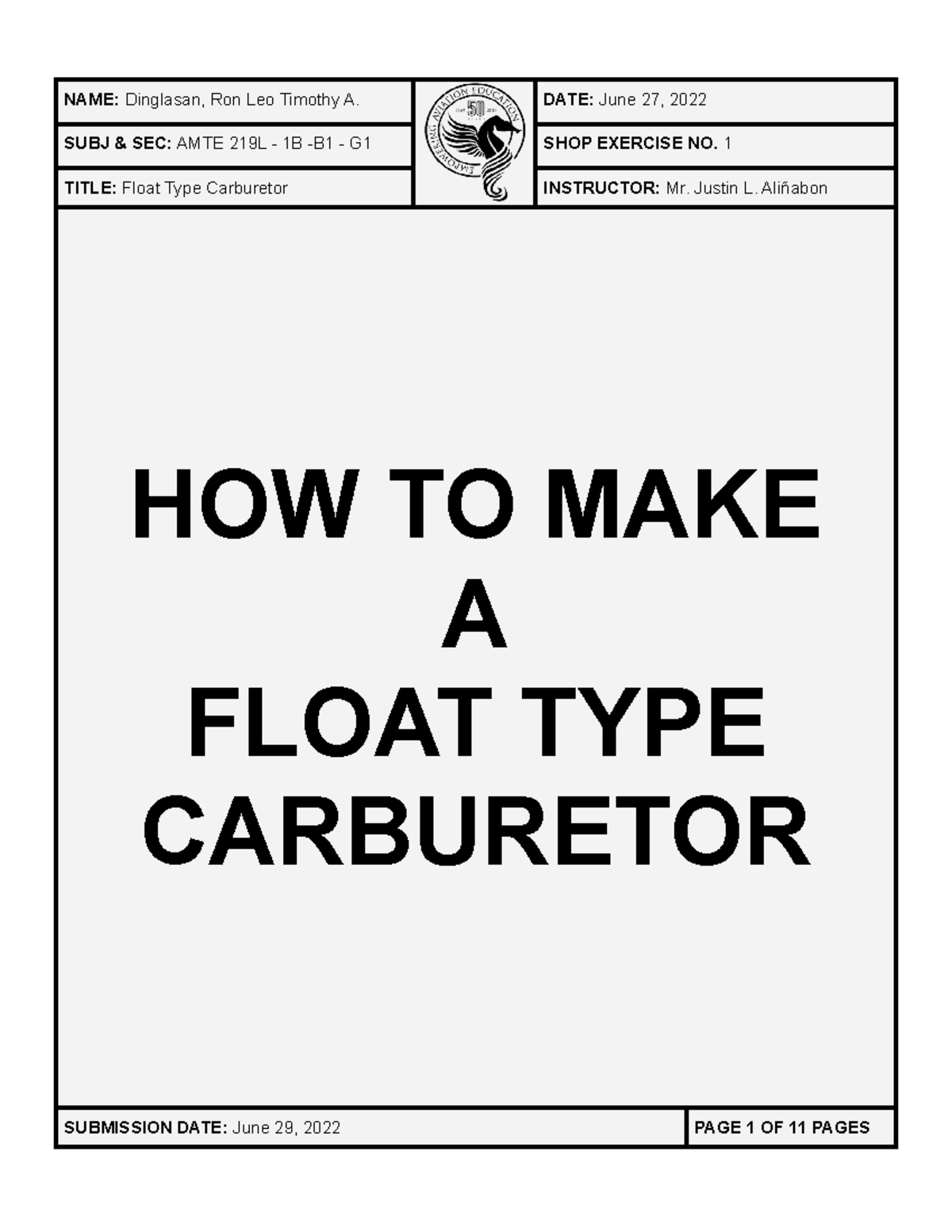 How to make a Float Type Carburetor - NAME: Dinglasan, Ron Leo Timothy ...